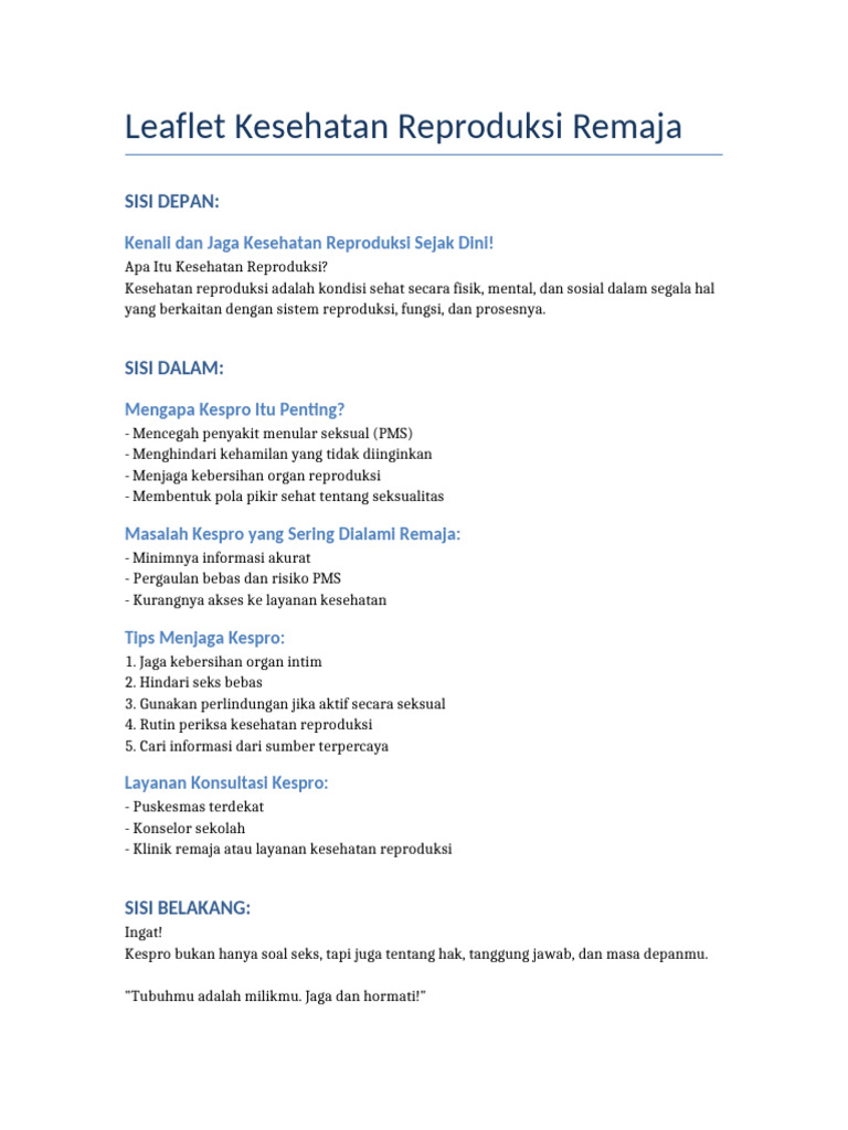 Leaflet Kesehatan Reproduksi Remaja | PDF