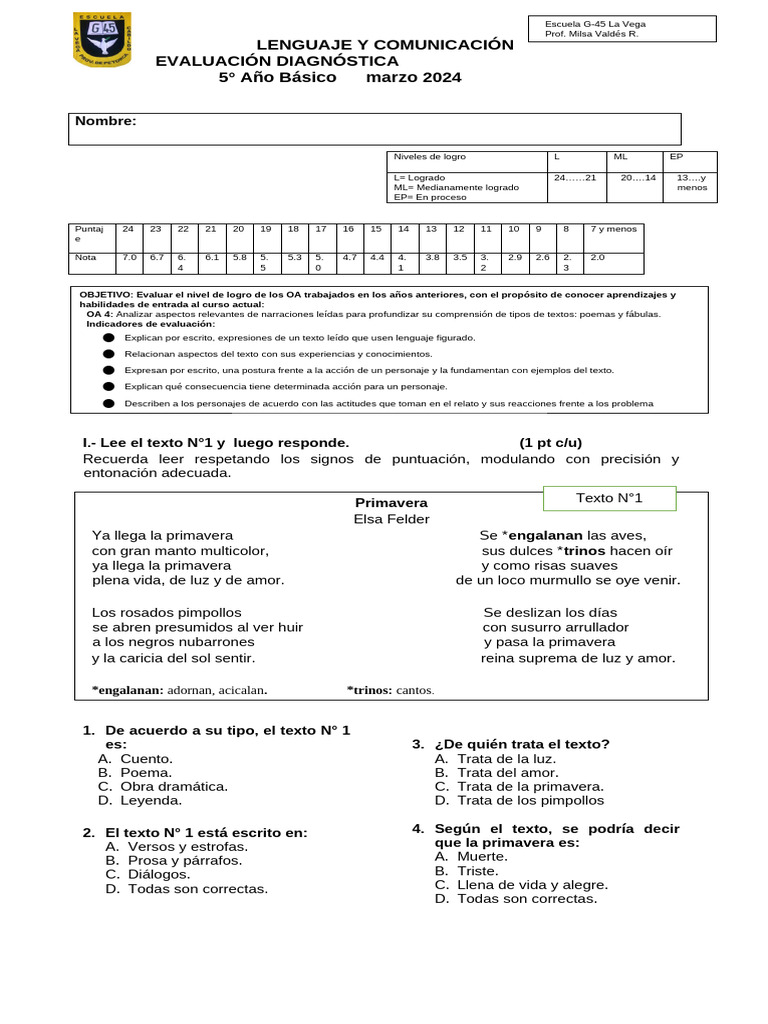 Evaluación Diagnóstica 5° Básico Lenguaje | PDF