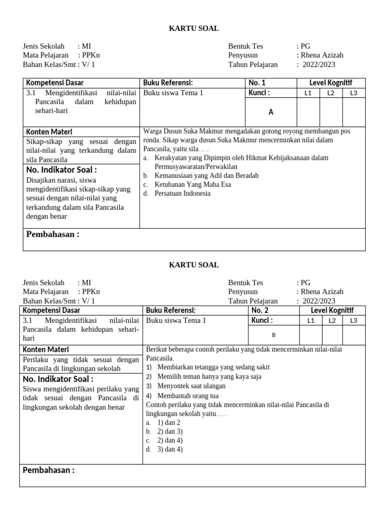 KARTU SOAL PPKn | PDF