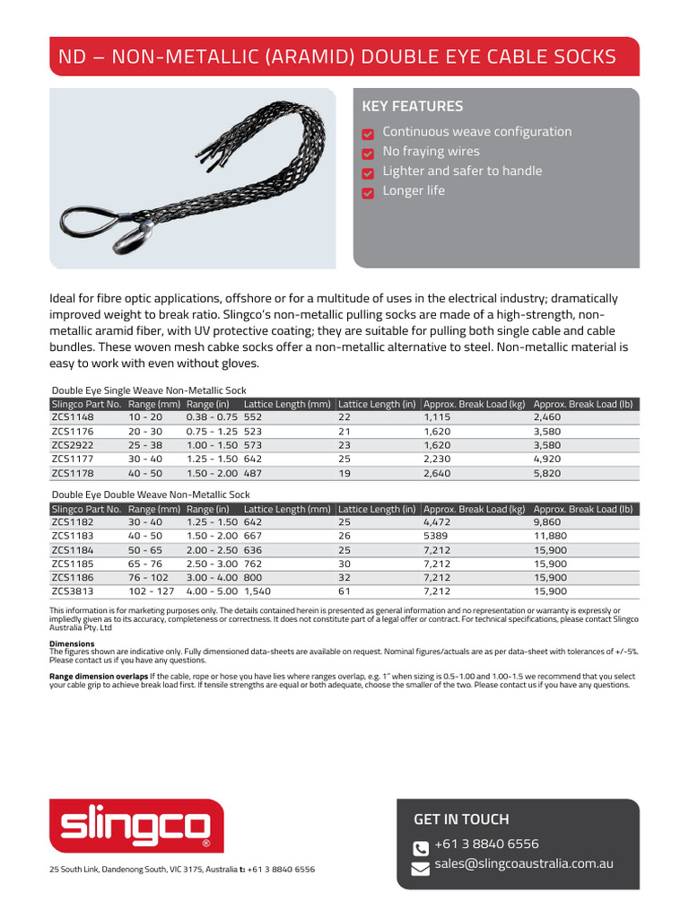 Slingco ND Non Metallic Aramid Double Eye Cable Socks | PDF | Fibers ...