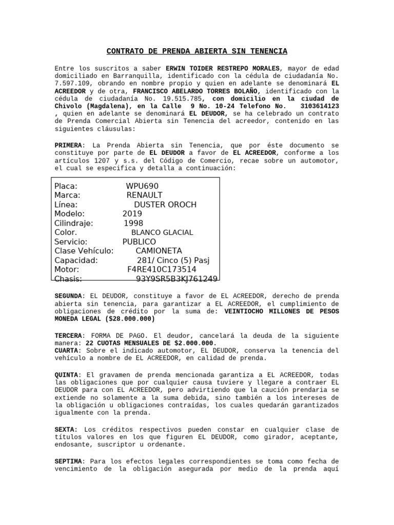 Contrato de Prenda Abierta Sin Tenencia | PDF | Pagos