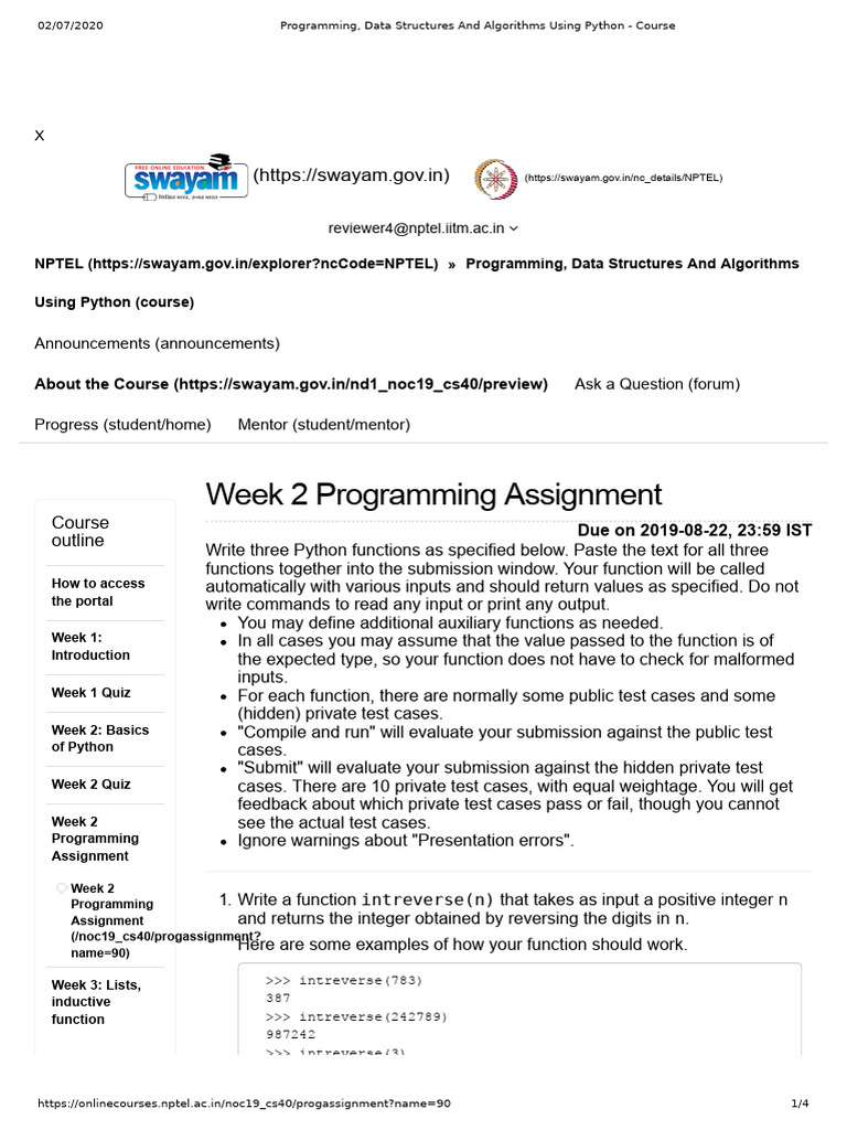 Noc20-Cs26 Week 02 Assignment 02 | PDF | Function (Mathematics) | Python (Programming Language)