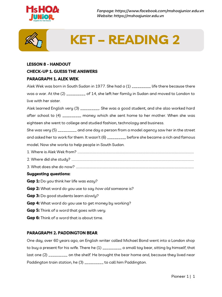KET - Reading Lesson 8 - Handout | PDF | Paddington Bear