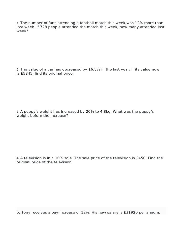 Percentage Exercise | PDF