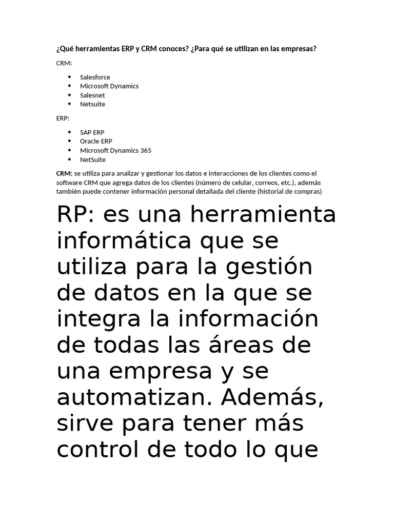 Herramientas ERP, CRM, BPM y BI en Empresas | PDF | Microsoft Excel ...