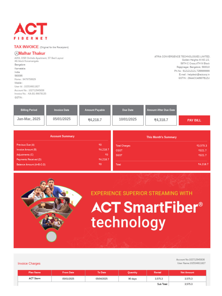 Wifi Bill Jan To Mar 2025 | PDF | Taxes | Invoice