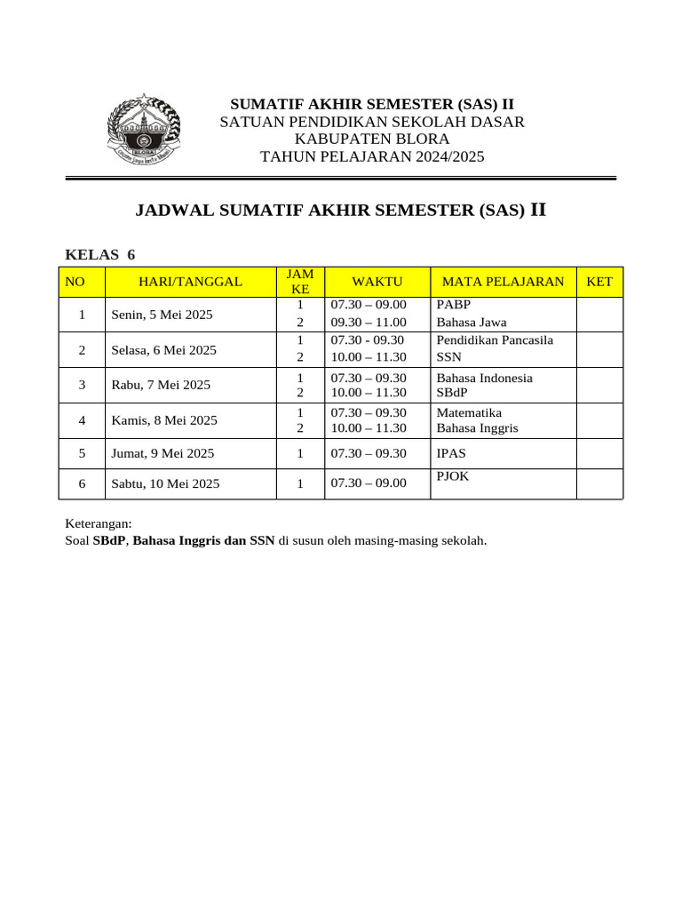 Jadwal Sas Kls 6 2024-2025 | PDF