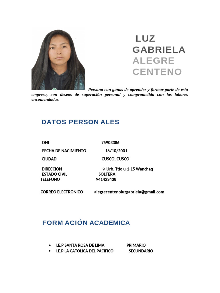 CV-LUZ GABRIELA ALEGRE 2023 | PDF | Perú