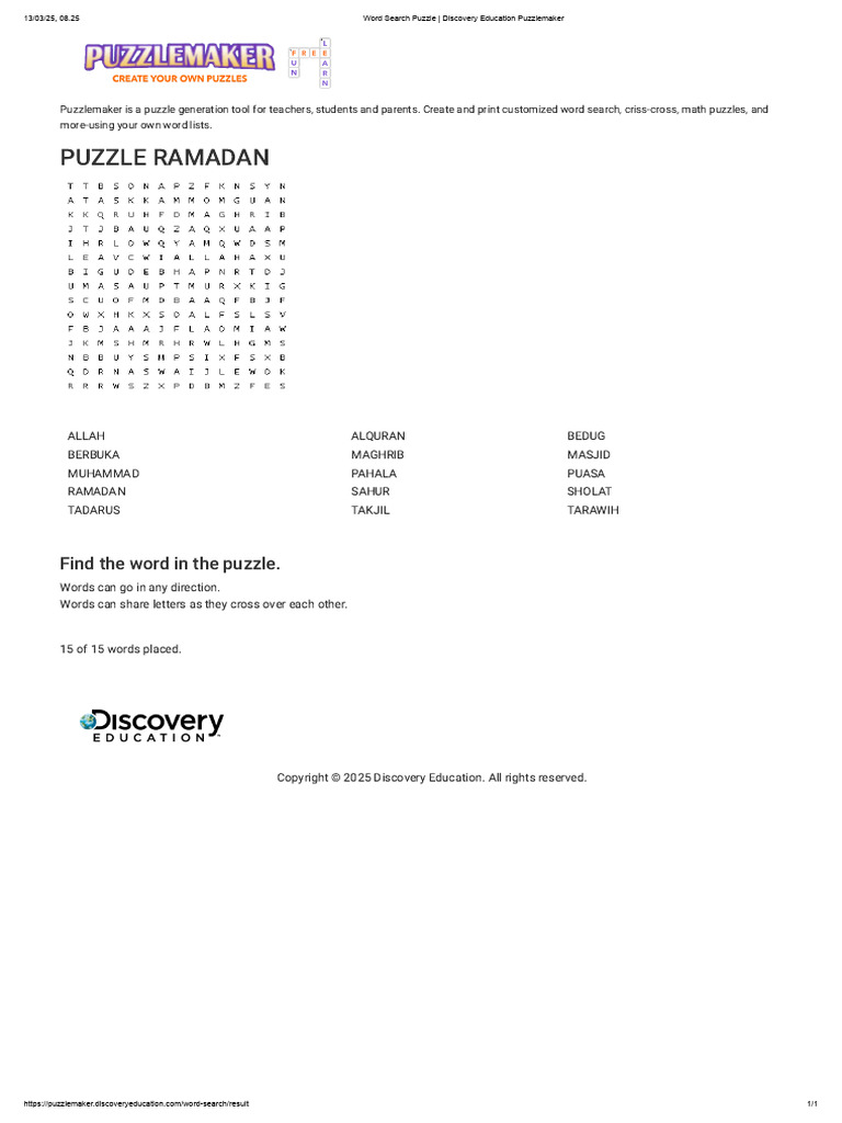 Word Search Puzzle - Discovery Education Puzzlemaker | PDF