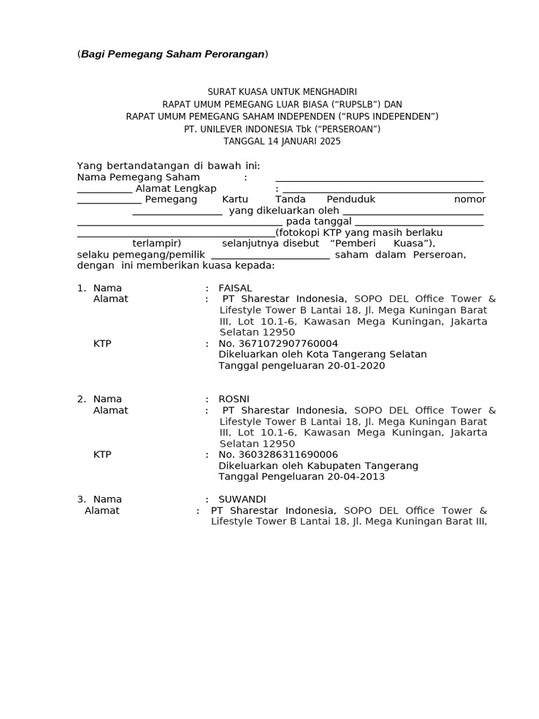 Surat Kuasa Konvensional Individu Rupslb Dan Rups Independen 2025 | PDF