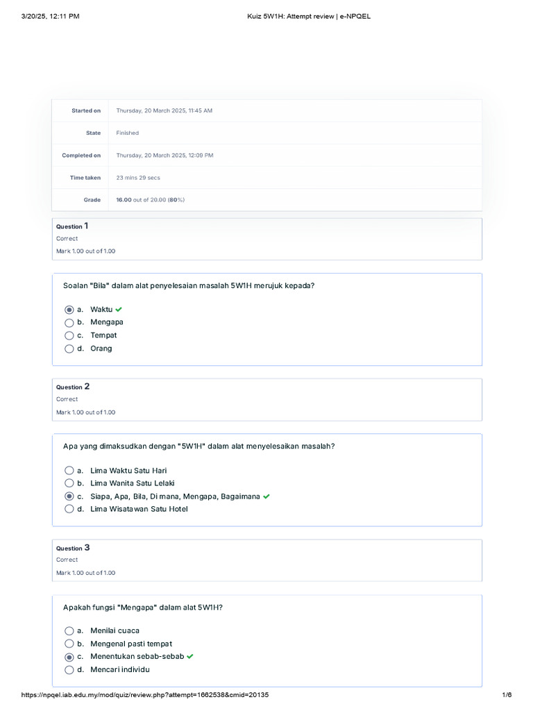 Kuiz 5W1H - Attempt Review - e-NPQEL | PDF