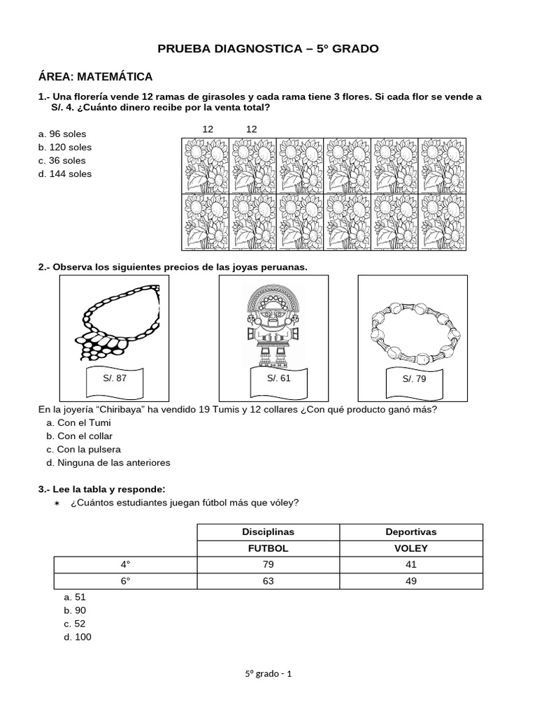 5° Grado - Evaluación Diagnóstica Matematica | PDF