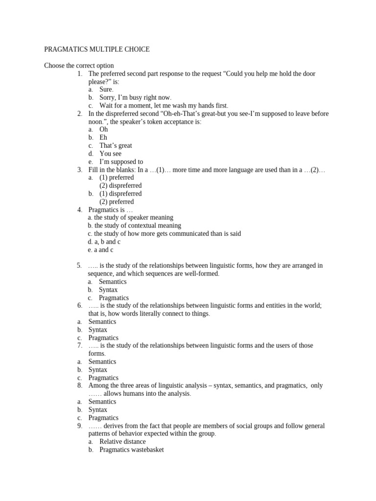 Pragmatics Multiple Choice | PDF | Semiotics | Syntax