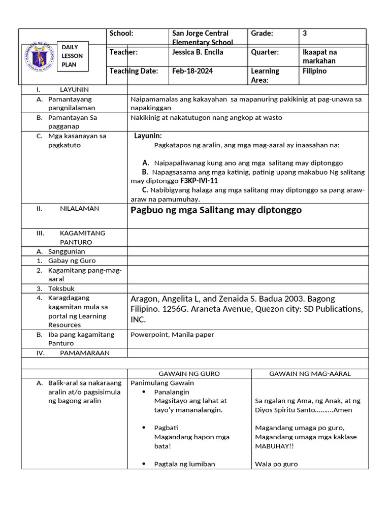 DLP - Filipino - Week2 Diptonggo Day1 | PDF