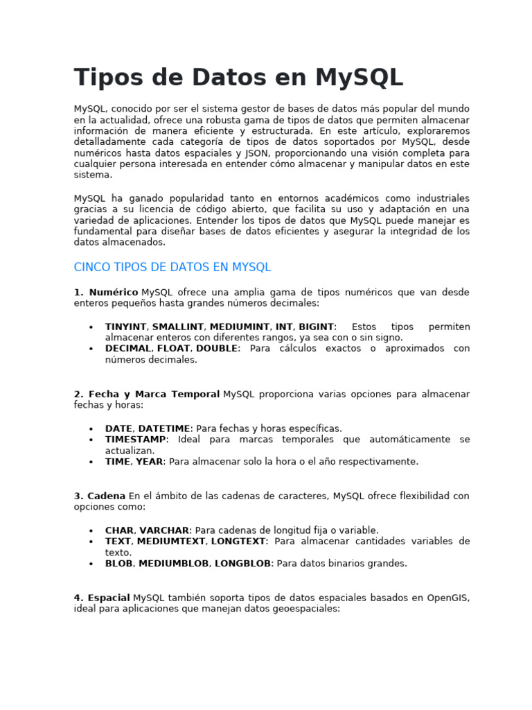 tipos de Datos en MySQL | PDF | Mi sql | Tipo de datos