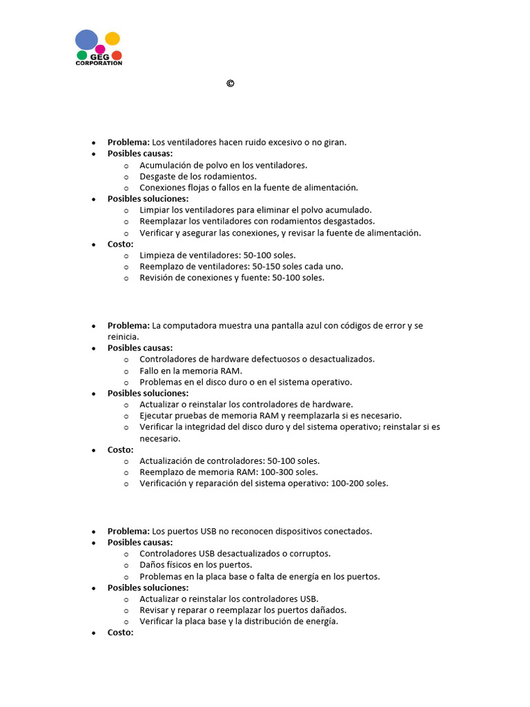 Soluciones y Costos de Fallas en PCs | PDF | Arranque | Bios