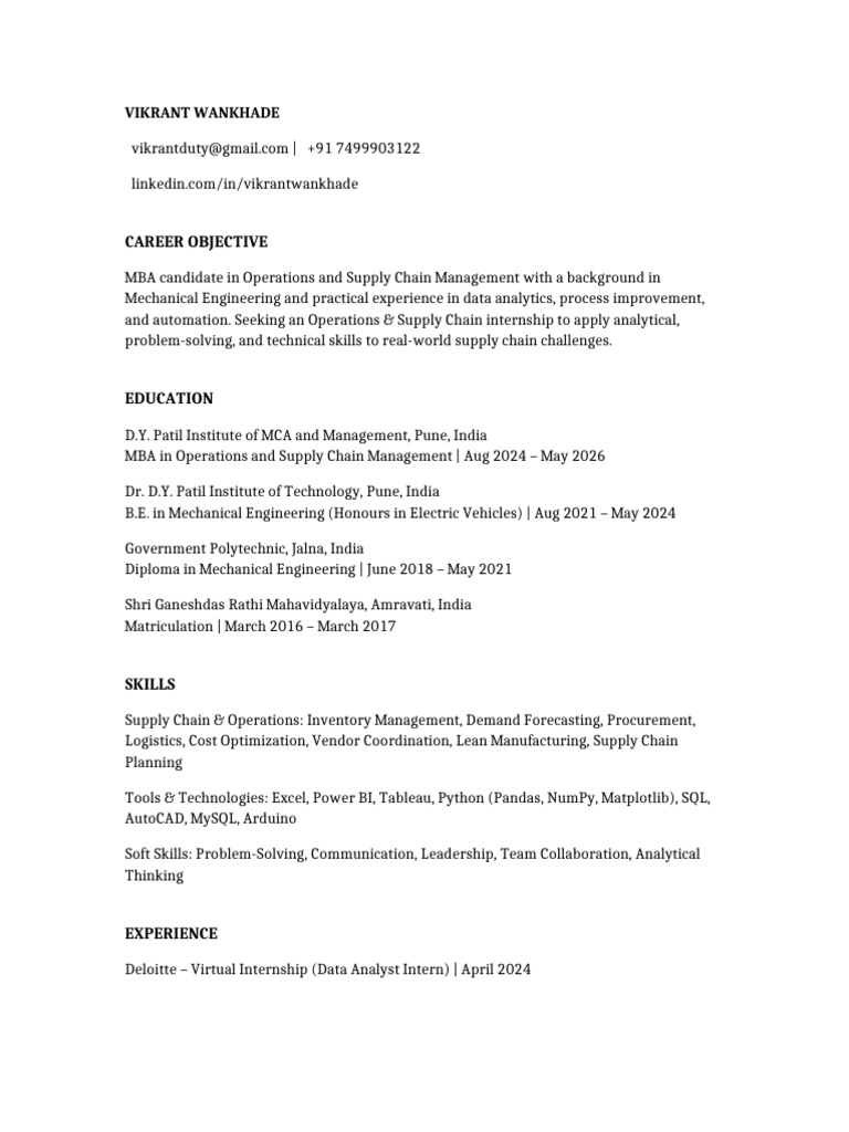 Vikrant Wankhade Operations SCM Intern Resume | PDF | Supply Chain | Supply Chain Management