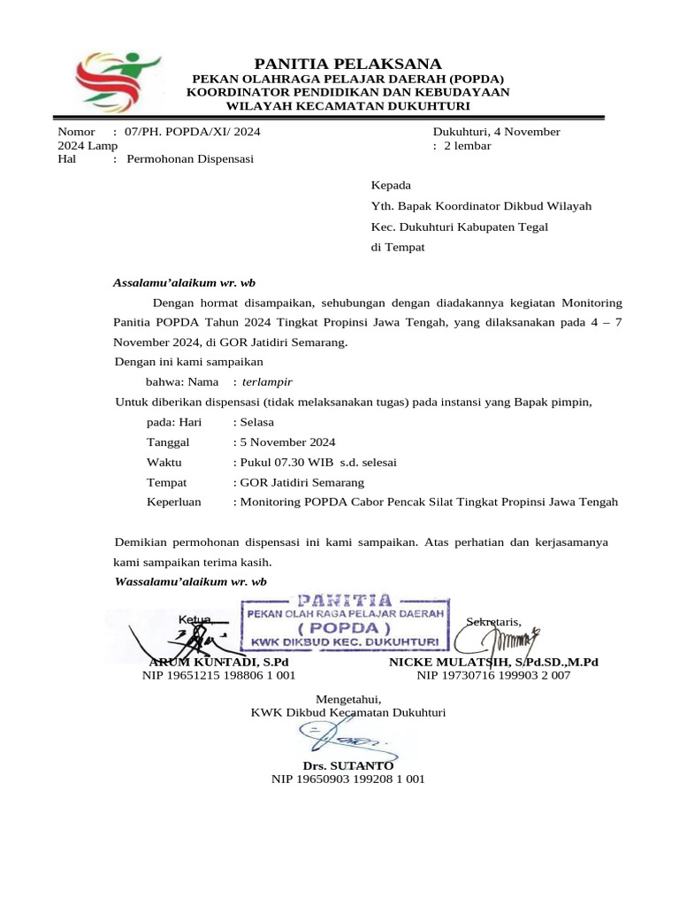 Permohonan Dispensasi POPDA 2024 | PDF