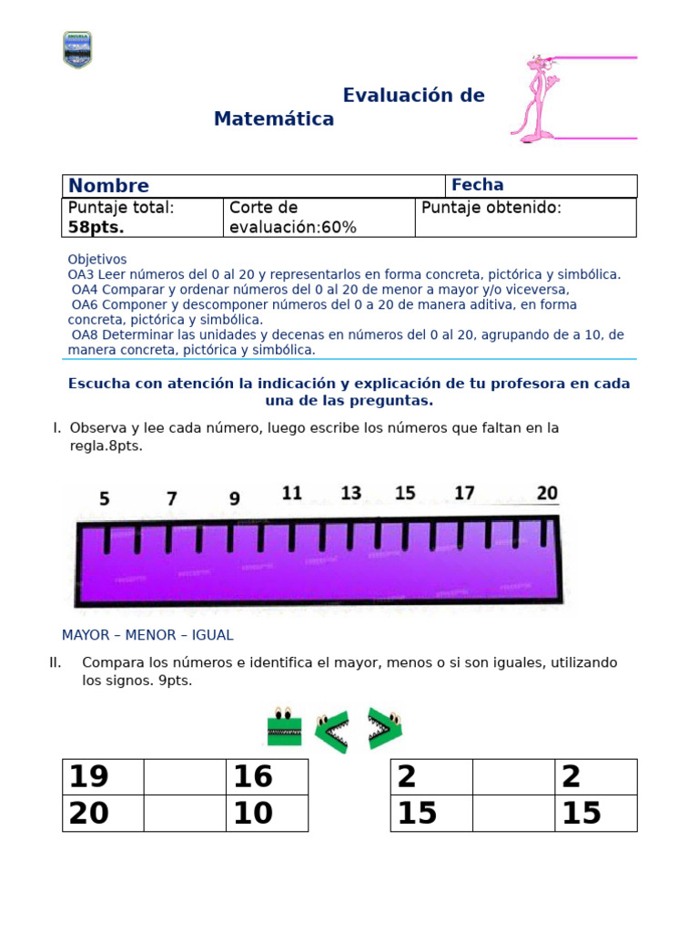 Prueba Números 1-20 Primero Básico | PDF