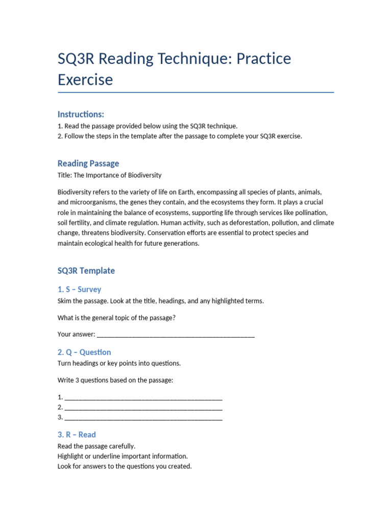 SQ3R Reading Technique Exercise | PDF