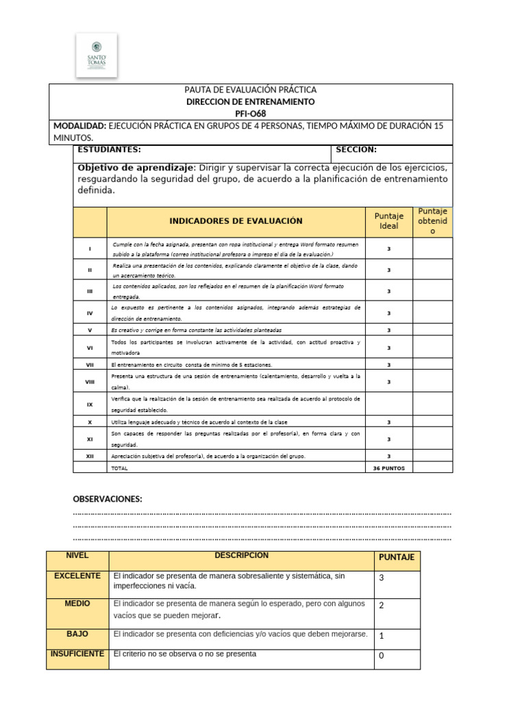 PAUTA EVALUACION PRÁCTICA N°1 DIRECCION DEL ENTRENAMIENTO | PDF | Evaluación | Aprendizaje