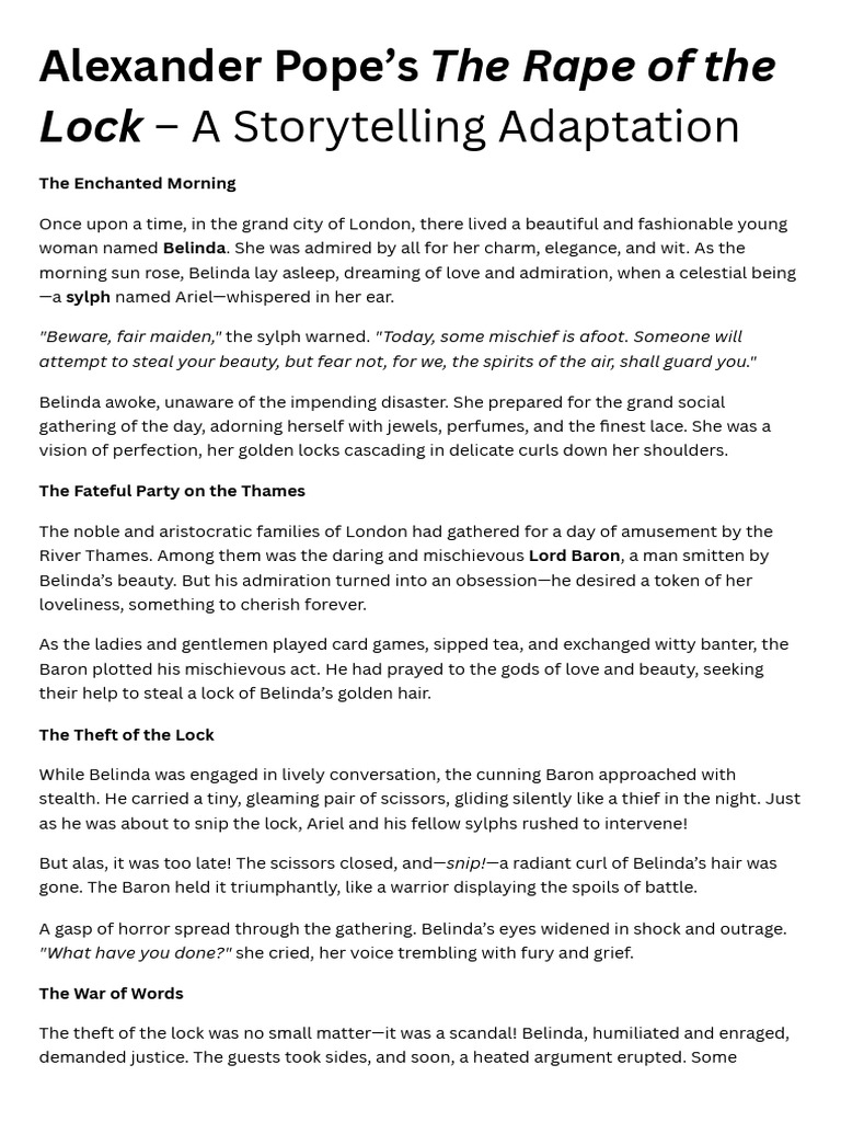 Alexander Pope's The Rape of The Lock - A Storytelling Adaptation | PDF