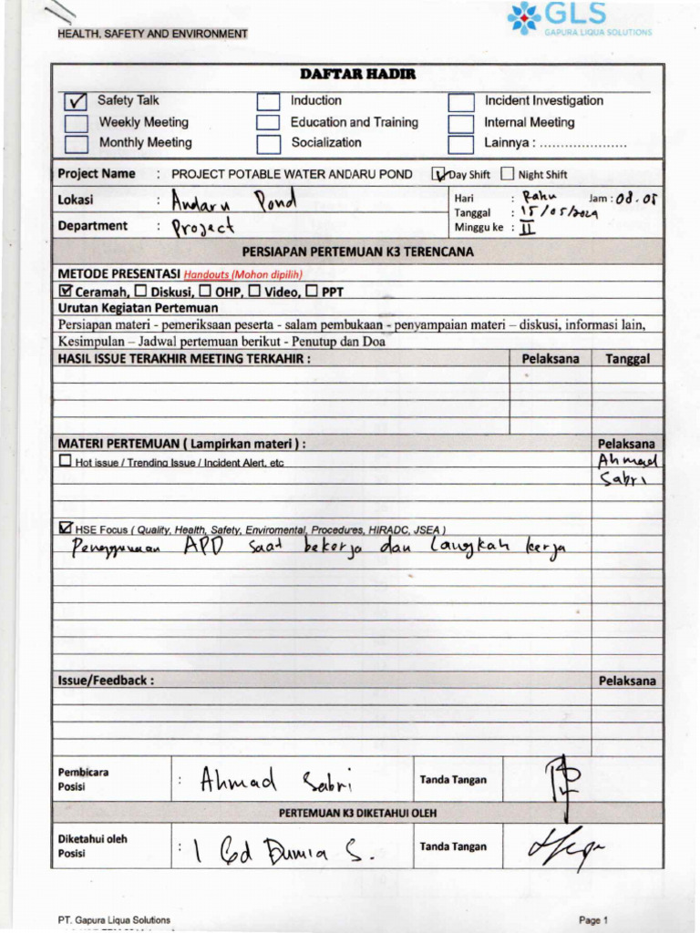 G.2. Rapat KPLH (Safety Talk) | PDF