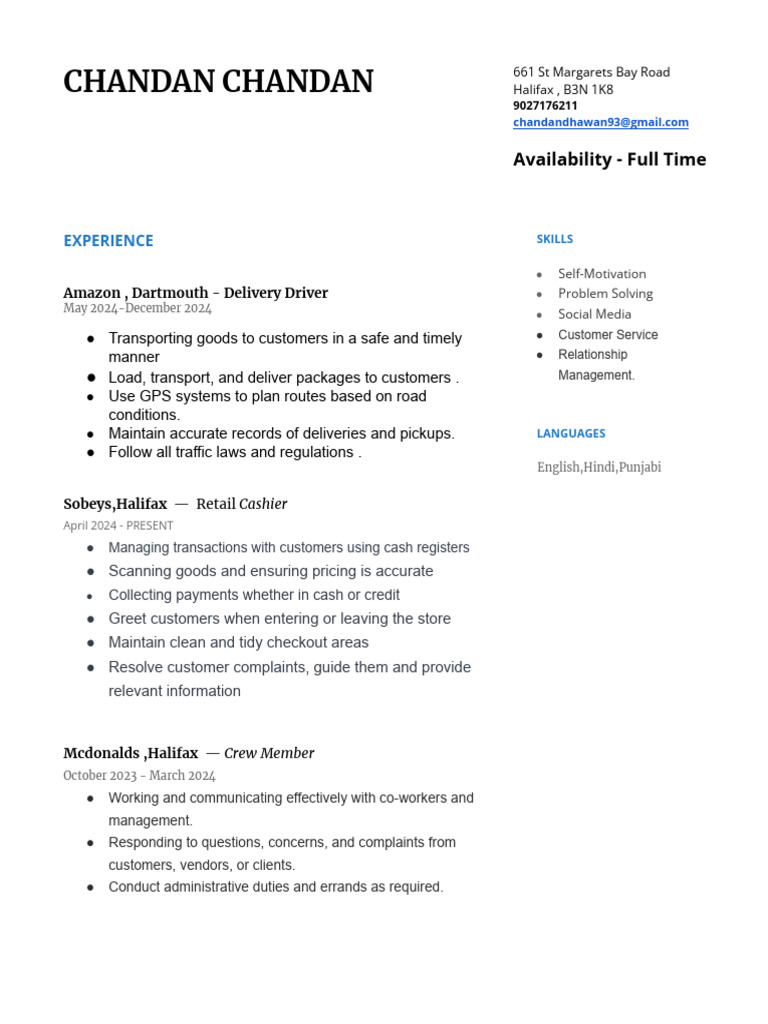 Chandan's Delivery Driver Resume | PDF