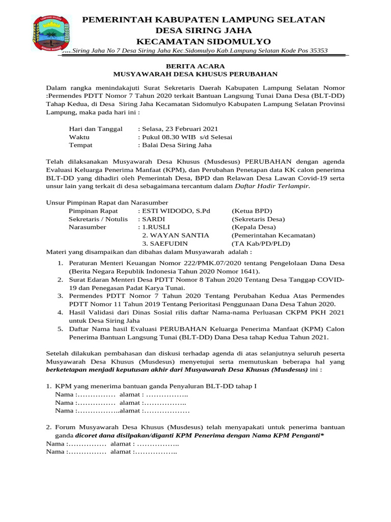 Berita Acara Musdesus Perubahan 2021 | PDF