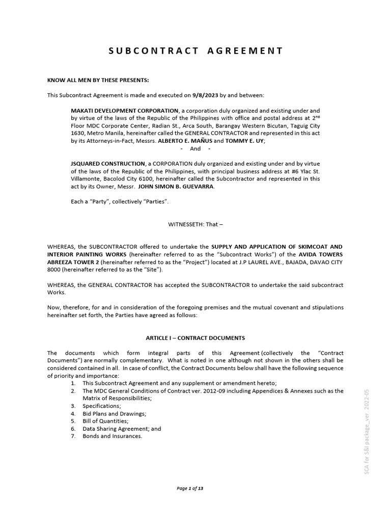 Subcontract Agreement | PDF | General Contractor | Subcontractor