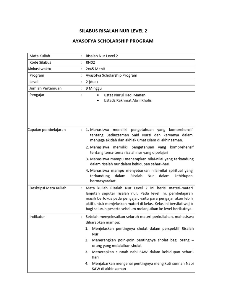 Silabus Risalah Nur Level 2 Ayasofya | PDF