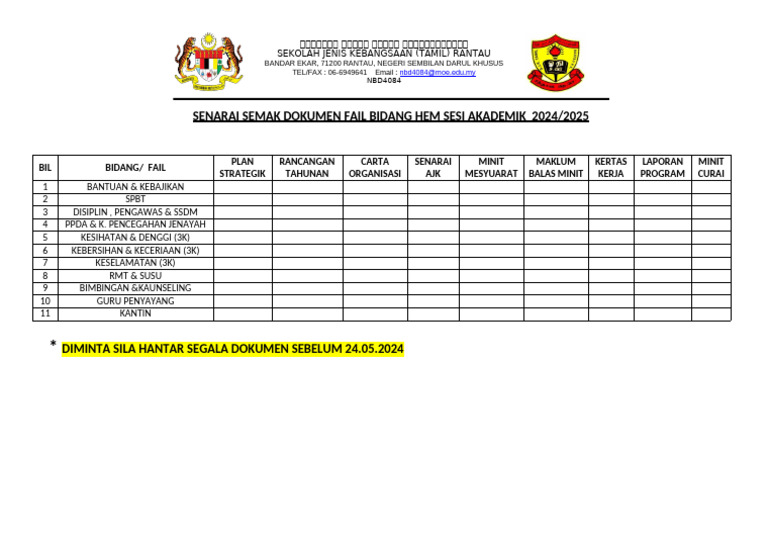 Senarai Semak Dokumen Fail Bidang Hem Sesi Akademik 2024 | PDF