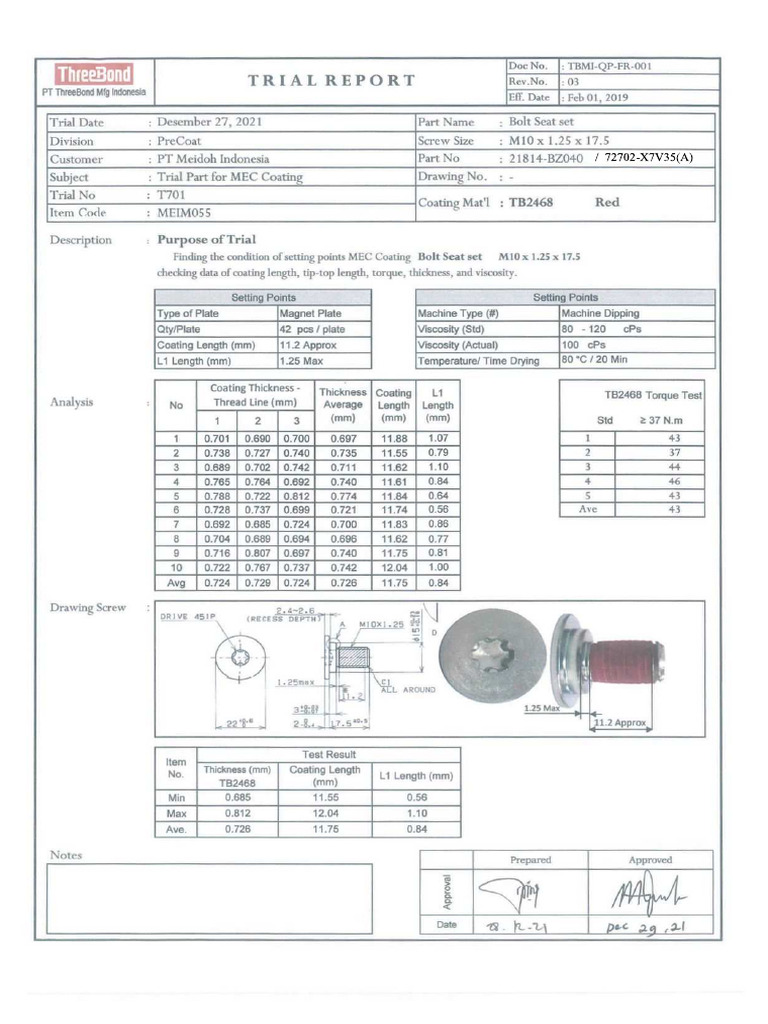 PT Meidoh Bolt Seat Coating Trial Report | PDF | Screw | Mechanical ...