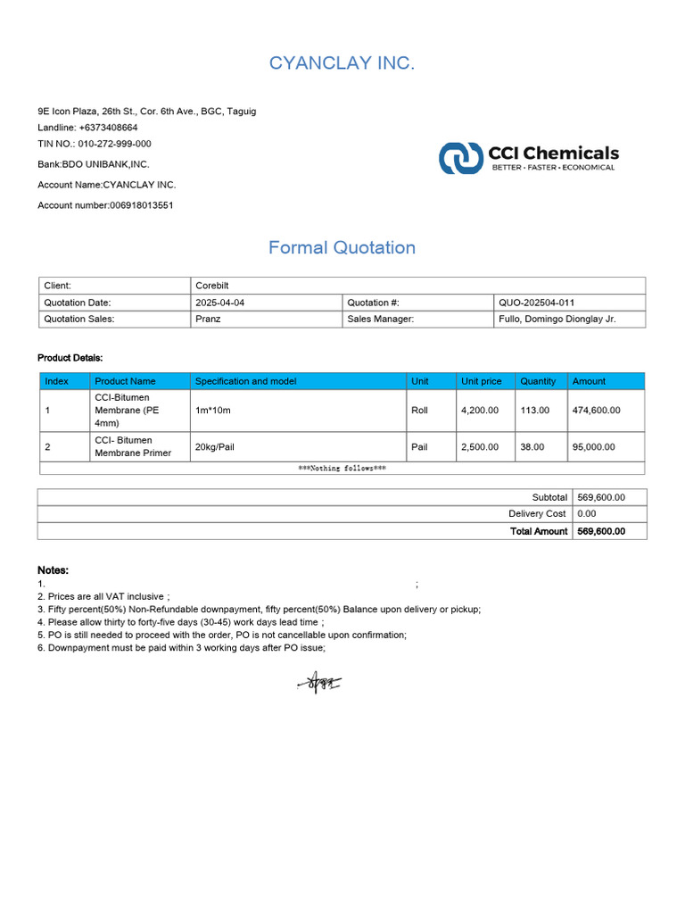 Bitumen Membrane Quotation for Corebilt | PDF