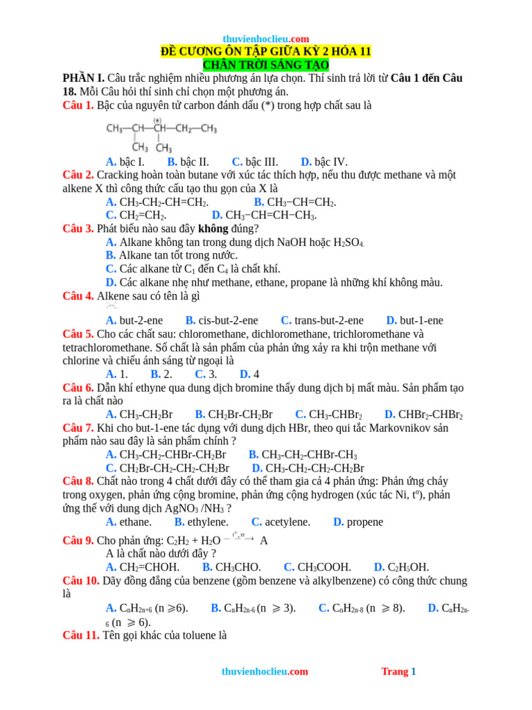 Thuvienhoclieu.com de Cuong on Tap Giua HK2 Hoa 11 CTST Hay | PDF