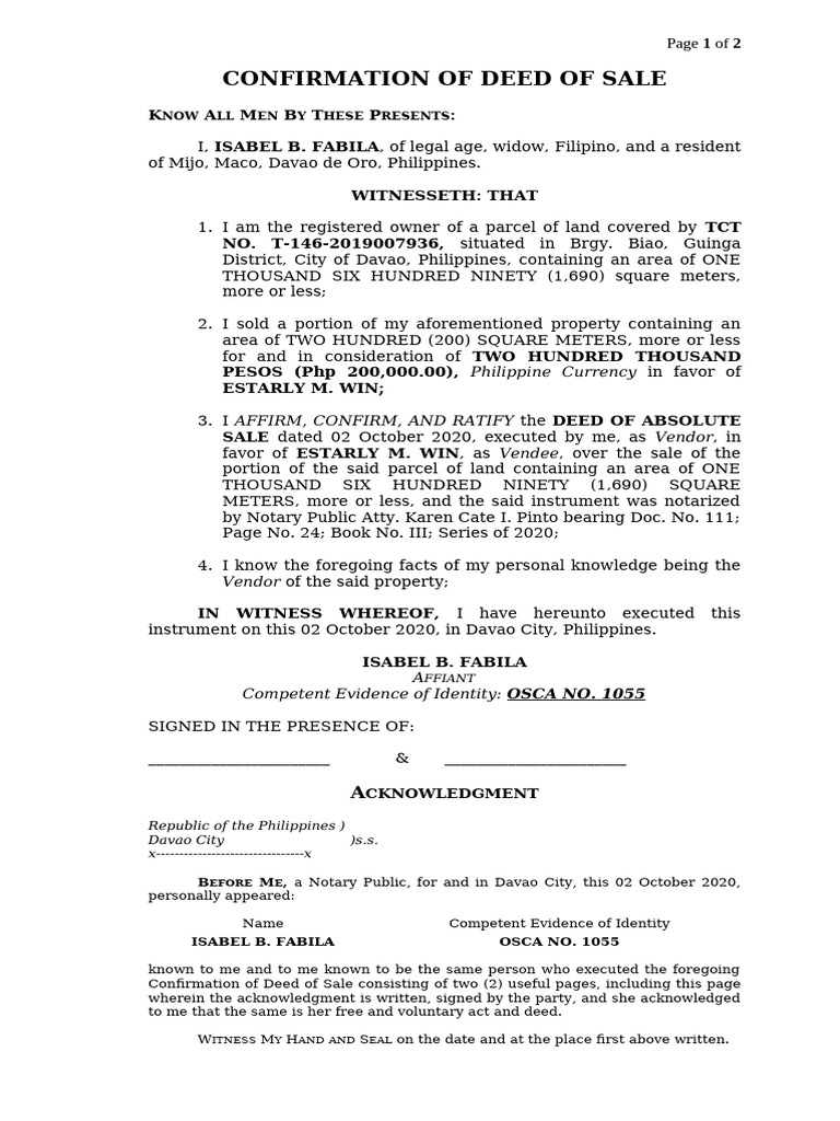 CONFIRMATION OF DEED OF SALE - Estarly Win | PDF | Economy Of The ...
