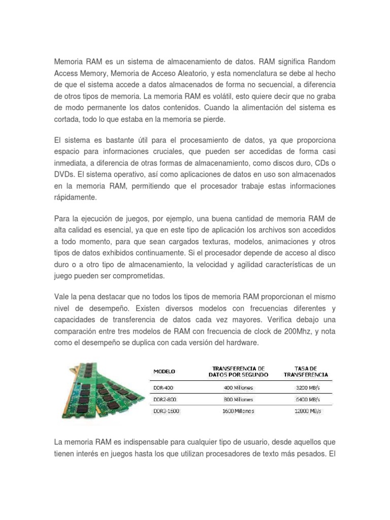 Memoria RAM Es Un Sistema de Almacenamiento de Datos | PDF | Memoria ...