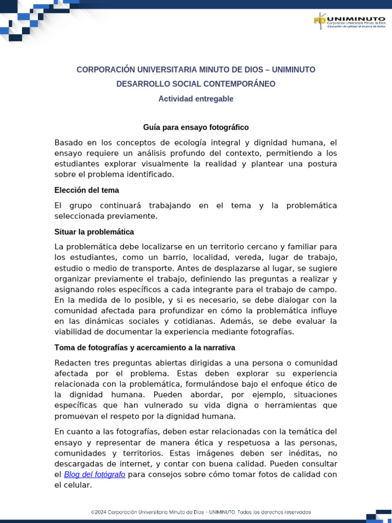 Guía para Ensayo Fotográfico en UNIMINUTO | PDF | Ensayos | Experiencia
