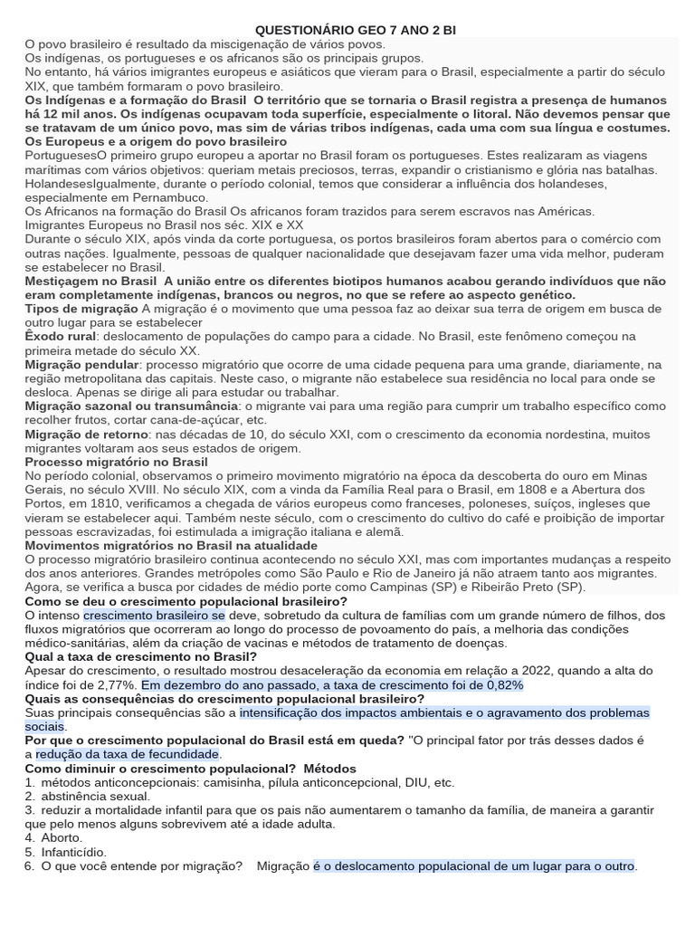 Quest GEO 7 ANO 2 BI | PDF | Migração humana | Consumismo