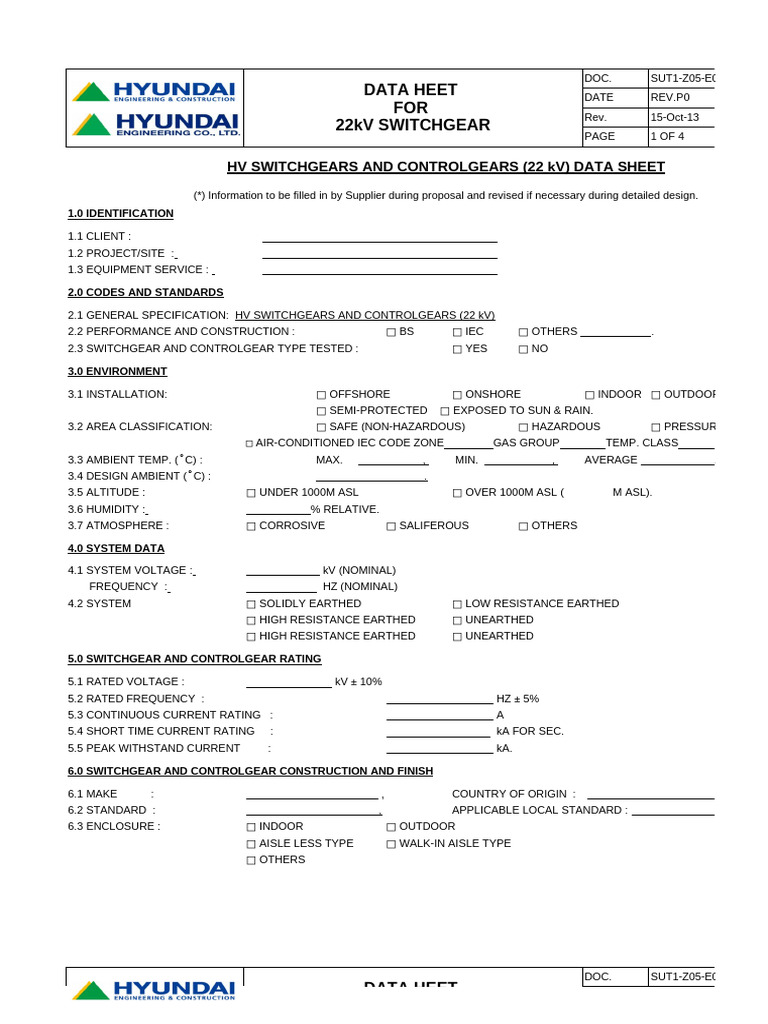 22kV Switchgear Data Sheet | PDF | Electrical Engineering | Electricity