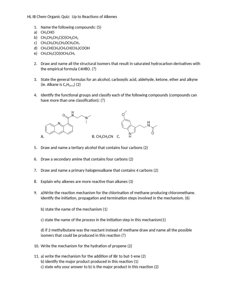 HL IB CHem ORganic Quiz up to rxns of Alkenes 2023 | PDF