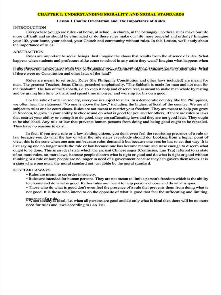 PDF Chapter 1 Understanding Morality and Moral Standards Lesson 1 Course Orientation and The ...