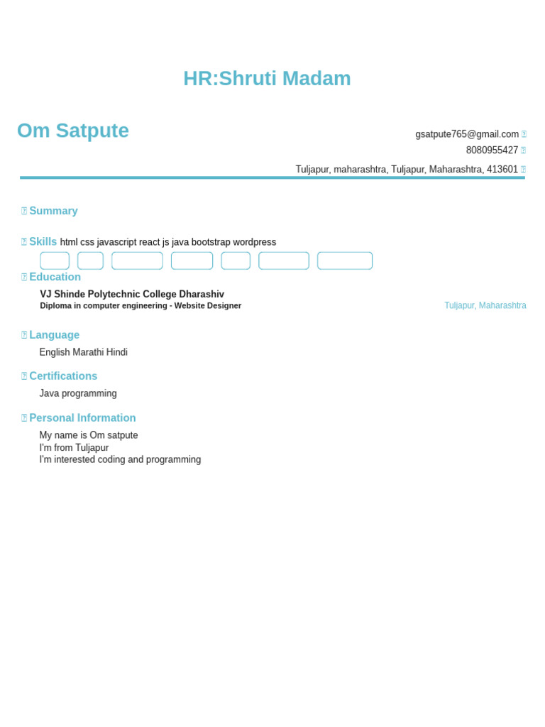 HR:Shruti Madam Om Satpute: Skills Education | PDF