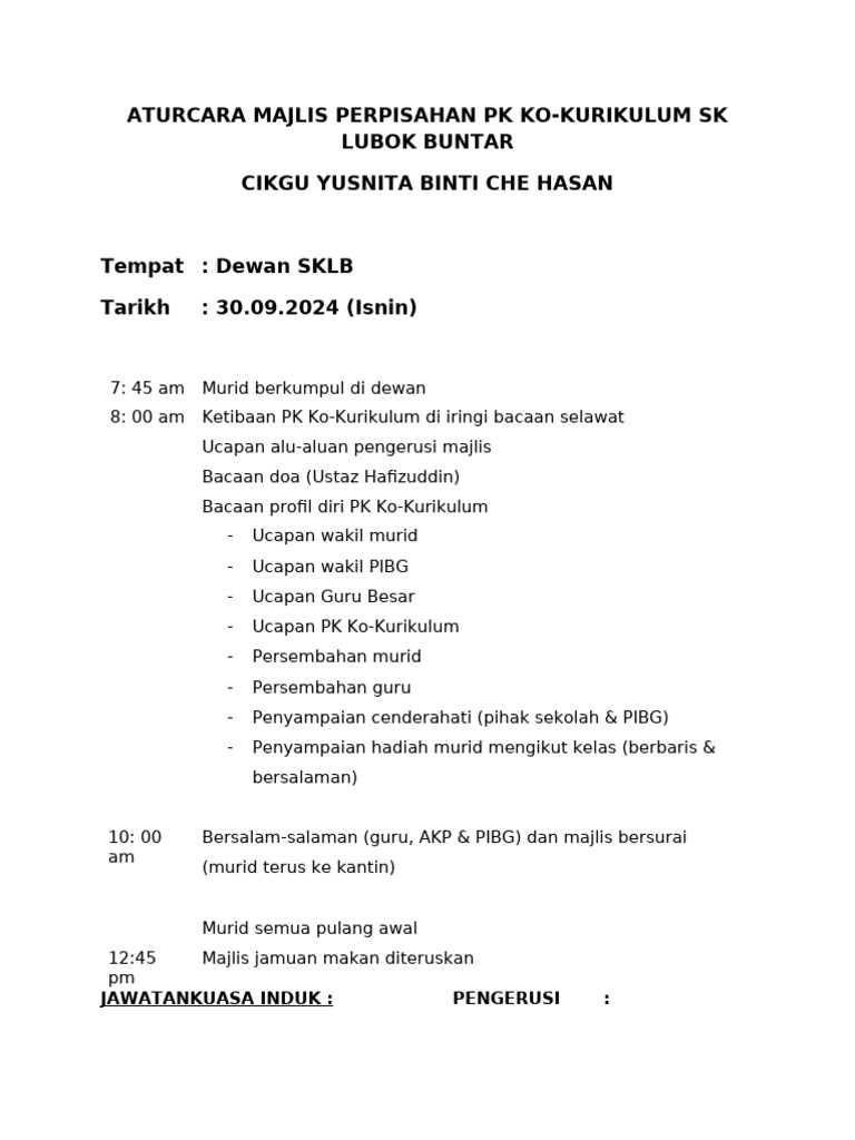 Aturcara Dan Ajk Majlis Perpisahan Cikgu Yusnita | PDF