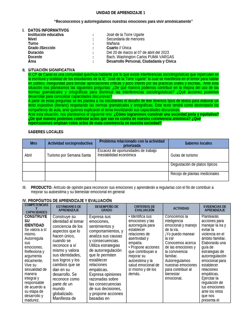 Unidad de Aprendizaje 1 DPCC - 4° | PDF | Las emociones | Aprendizaje