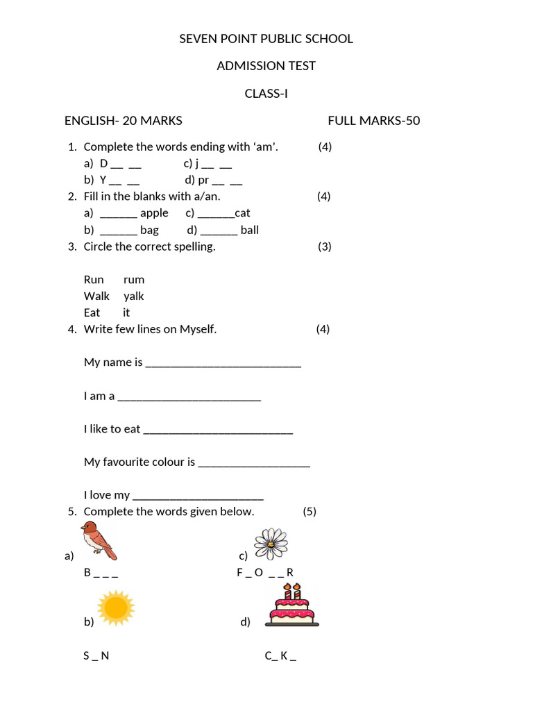 Class 1 Admission Test Paper | PDF