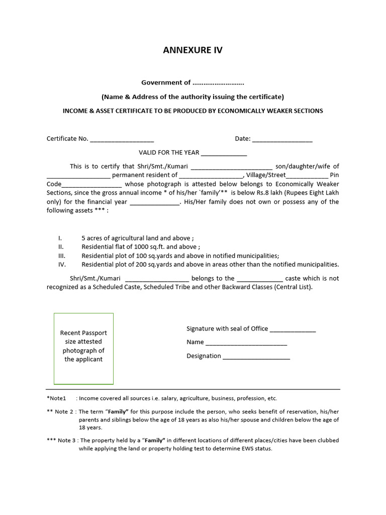 ANNEXURE-IV Format of EWS Certificate | PDF