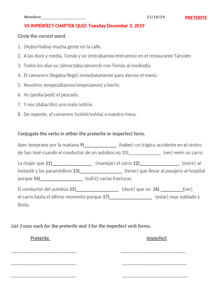 Span 3 l3 Preterite Vs Imperfect Review 1 2 | PDF
