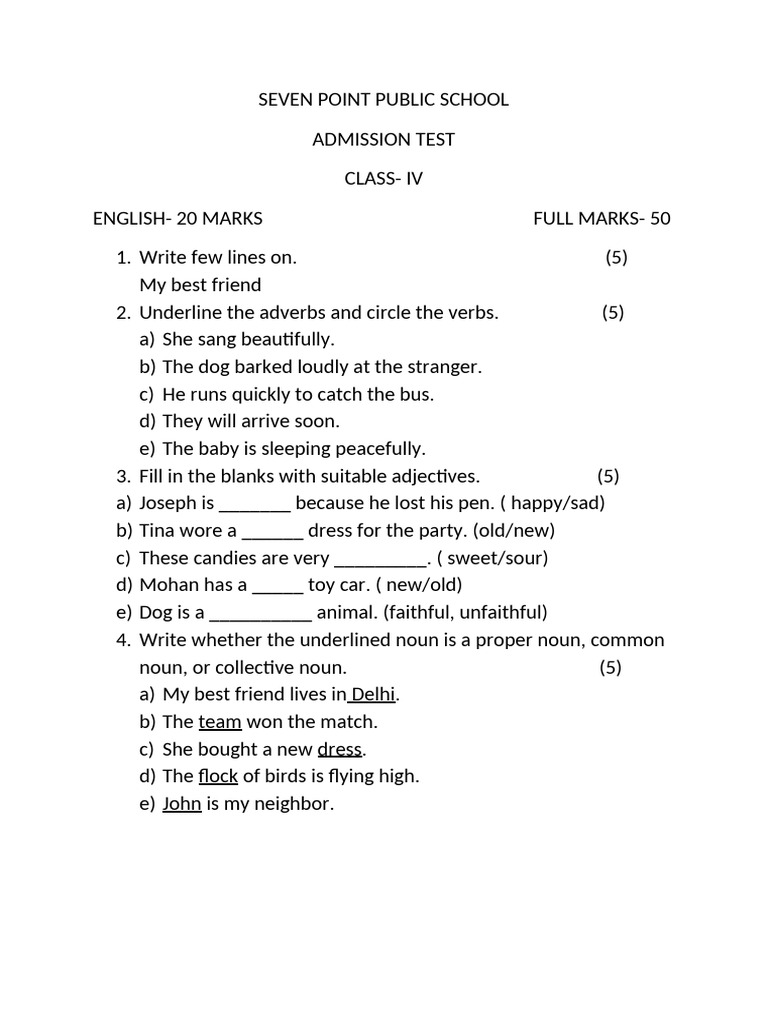 Class 4 Admission Test Paper | PDF