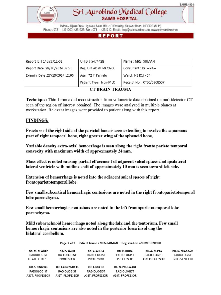 CT Brain Trauma Report for MRS. SUMAN | PDF | Radiology | Human ...